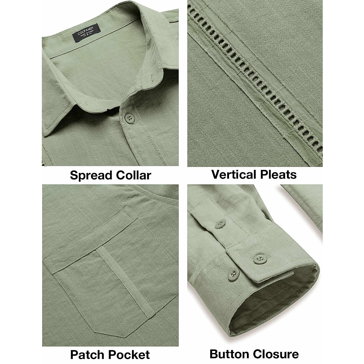 COOFANDY Guayabera Shirts for Men Long Sleeve Linen Cuban Shirts for Men Casual Button Down Shirts Beach Shirts Light Green