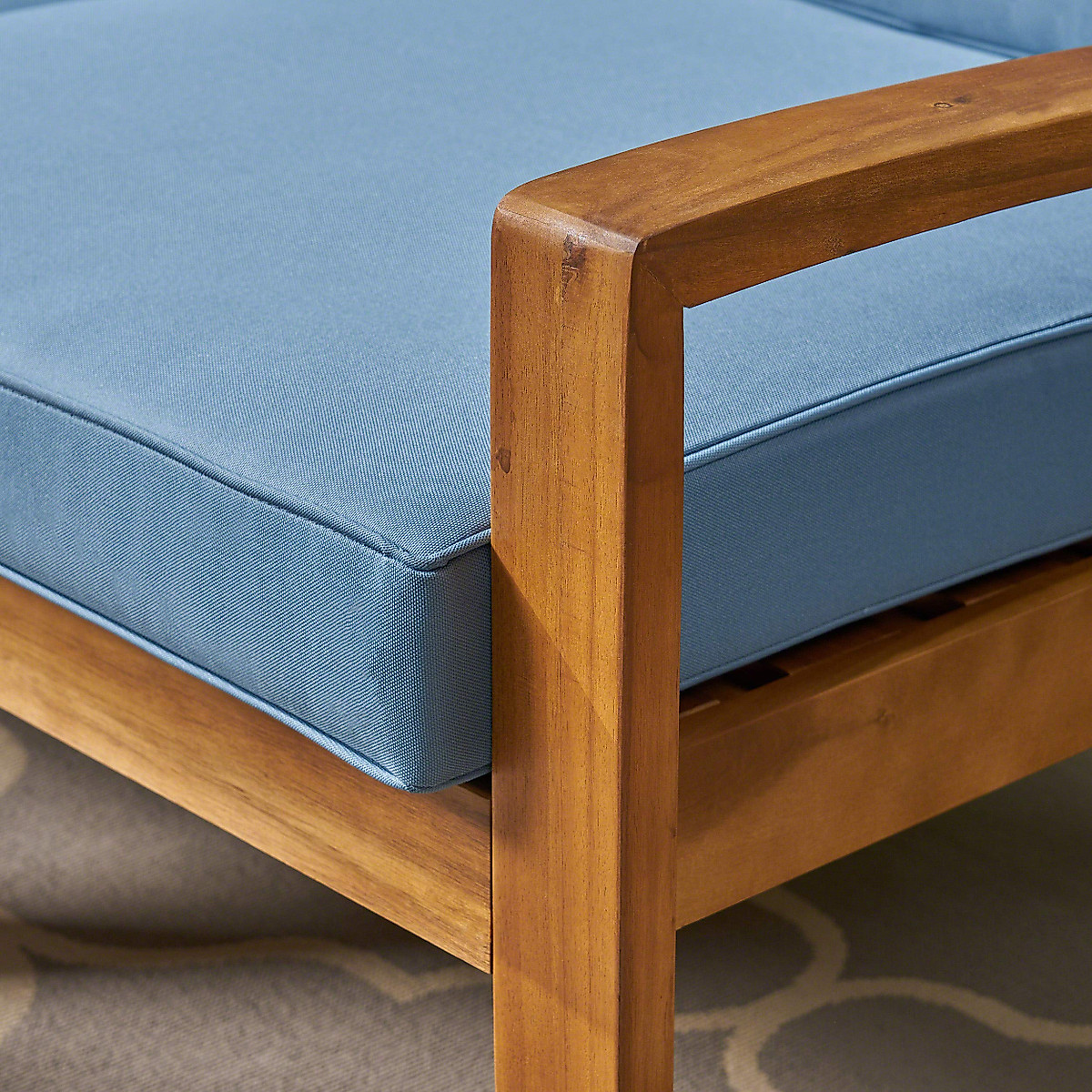 Christopher Knight Home Grenada Sectional Sofa Set | 5-Piece 3-Seater | Includes Coffee Table and Ottoman | Acacia Wood Frame | Water-Resistant Cushions | Teak and Blue, Finish