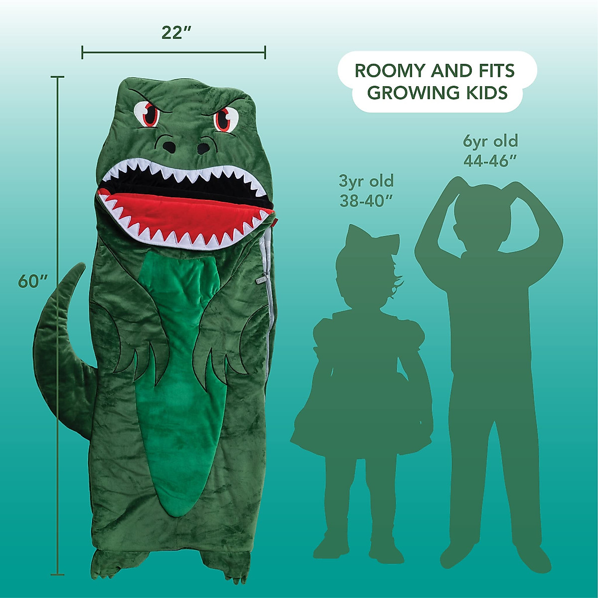 Bixbee Kids Sleeping Bag, Dinosaur Sleeping Bag for Kids 3+, 60 x 22 Inches, Soft Toddler Sleeping Bag with Carrying Handle | Machine Washable Soft Slumber Bag for Naptime, Daycare
