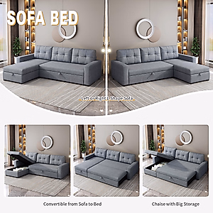 Acosure 81.5" Pull Out Couch with Storage Chaise,L-Shape Upholstered Sectional Sofa Bed W/ 3 Back Cushions,Convertible Sleeper for Living Room Office Apartment,Light Grey