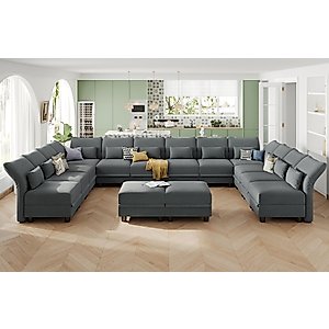 LLappuil Sectional Couch Convertible Oversize U Shaped Modular Sectional Sofa with Storage Easy Clean Anti-Scratch 14 Seat Velvet Sectional for Living Room, Grey