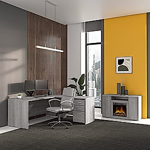 Bush Business Furniture Studio C Office Storage Cabinet with Doors and Electric Fireplace, 48W, Platinum Gray