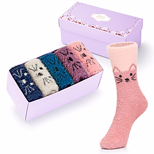 SISOSOCK 5 Pairs Fuzzy Cozy Socks for Women Soft Comfy Warm Home Sleep Casual Cute Socks Gifts for Women