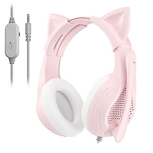 Emonoo Newest Pink Gaming Headset with Microphone for PC, PS5, Mac, Xbox, PS4, Over-Ear Surround Sound Stereo Cat Ear Headphones with Mic for Computers Laptop Smartphones Tablets
