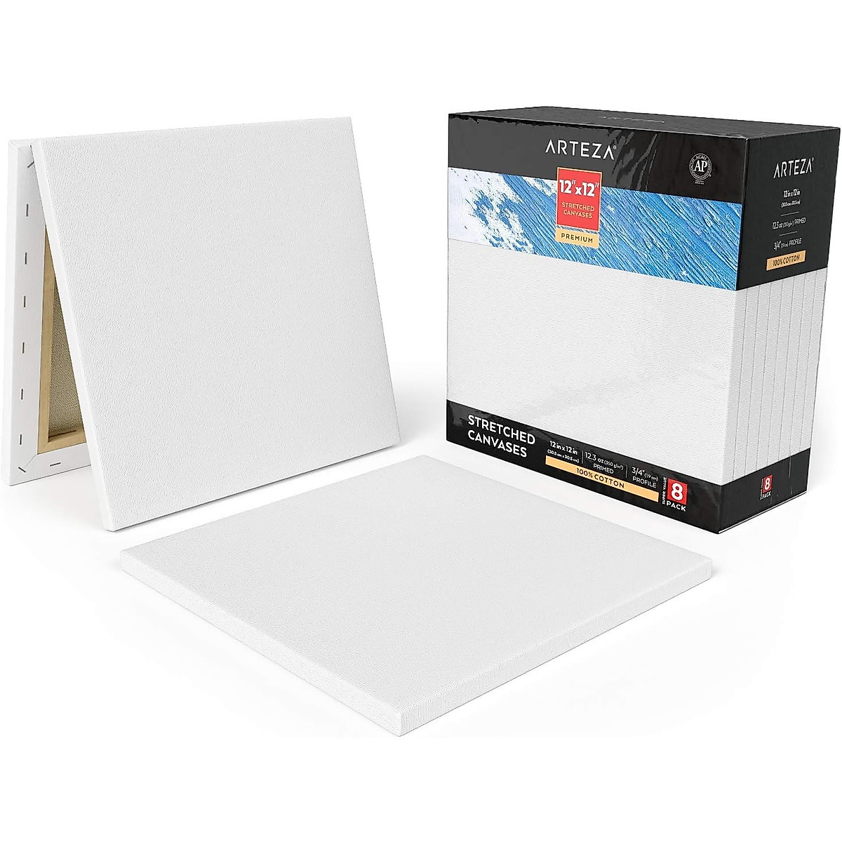 ARTEZA Premium Stretched Canvas, 12 x 12 Inches, Pack of 8, Blank White Square Canvas Boards for Acrylic, Oil and Gouache Painting