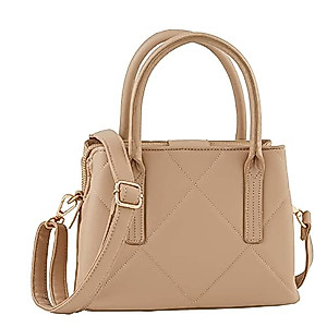 bebe Womens Gio Quilted Faux Leather Satchel Handbag Beige Small