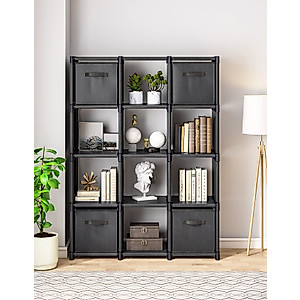 Tribesigns 12 Cubes Storage Organizer DIY Storage Shelves Stackable Open Bookshelf with 4 Cube Storage Bins with Handle Organizer 10.5" x 10.5" for Closet Rack Cabinet Bedroom Livingroom, Black