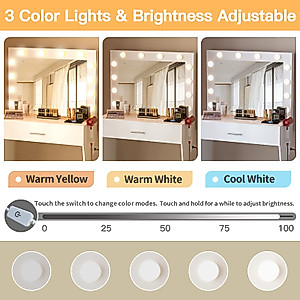 Titoni Vanity Table Set with Lighted Mirror - Makeup Vanity with Charging Station, Large Drawer Sturdy Wood Vanity with Lights, 3 Color Modes, Adjustable Brightness, White