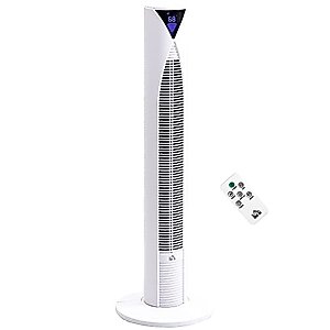 HOMCOM 37.75" 70° Oscillating Tower Fan Cooling for Bedroom with 3 Speeds, 12H Timer, LED Panel, and Remote Control, White