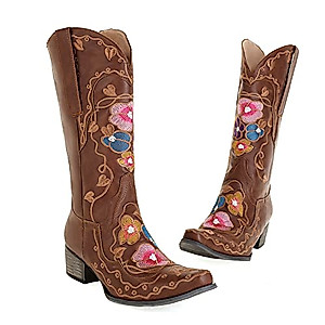 Women Booties Embroidery Heels Middle Flowers Round Retro Slipon Toe High Shoes Nine Cowboy Boots Women