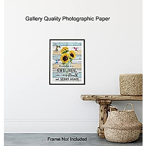 Inspirational Wall Art & Decor - New Beginnings Hummingbirds Sunflowers Rustic Boho Family Wall Art - Inspiration Saying Quotation - Positive Quotes Wall Decor - Encouragement Gifts for Women Woman