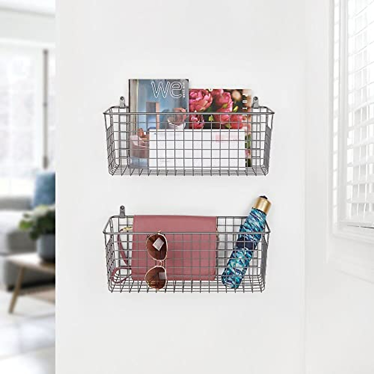 mDesign Portable Metal Farmhouse Wall Decor Storage Organizer Basket Bin with Handles for Hanging in Entryway, Mudroom, Bedroom, Bathroom, Laundry Room - Wall Mount Hooks Included, 2 Pack - Graphite