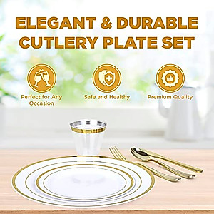 600 Piece Wedding Party Plates Disposable Dinnerware Set 100 Guests -By Zulzzy -100 Gold Plastic Plates, 100 Gold Salad Plates, 100 Gold Plastic Silverware Set, 100 Gold Plastic Cups