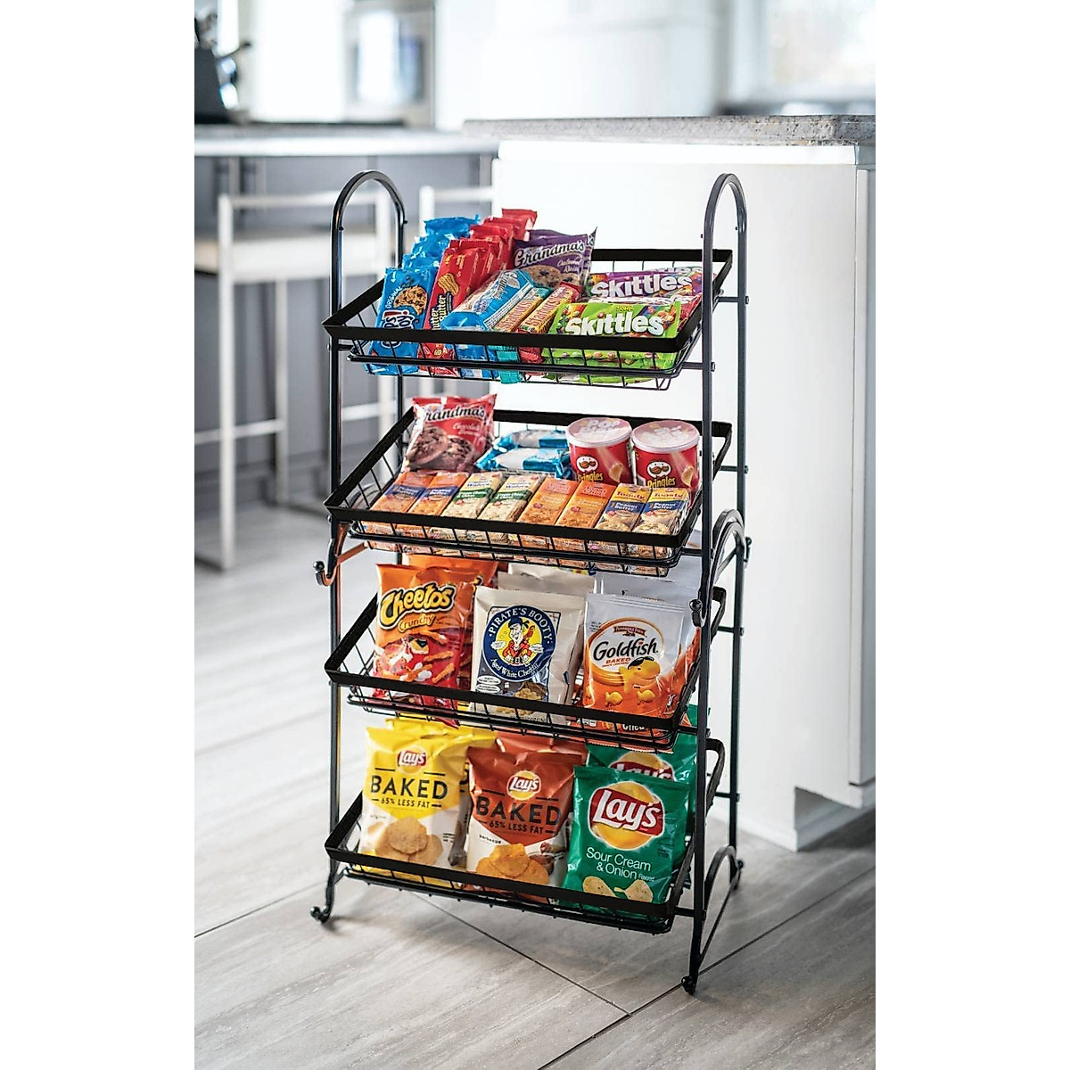Giftburg Stackable Can Rack Organizer, Angle 2-Tier Tray Display Stand, Fruit Basket Stand, Potato Chip Rack, Multifunctional Can Dipsenser for Storing Canned Snacks Drinks and more, Black