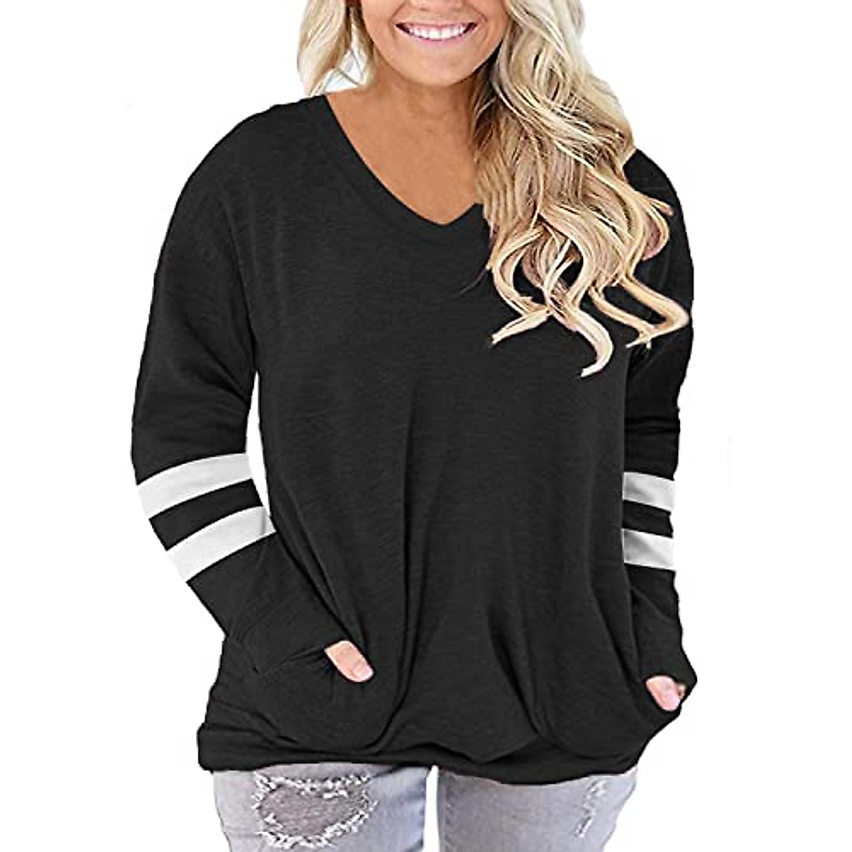 ROSRISS Plus Size Sweatshirts for Women 3X V Neck Shirts Blouses with Pockets Black 24W