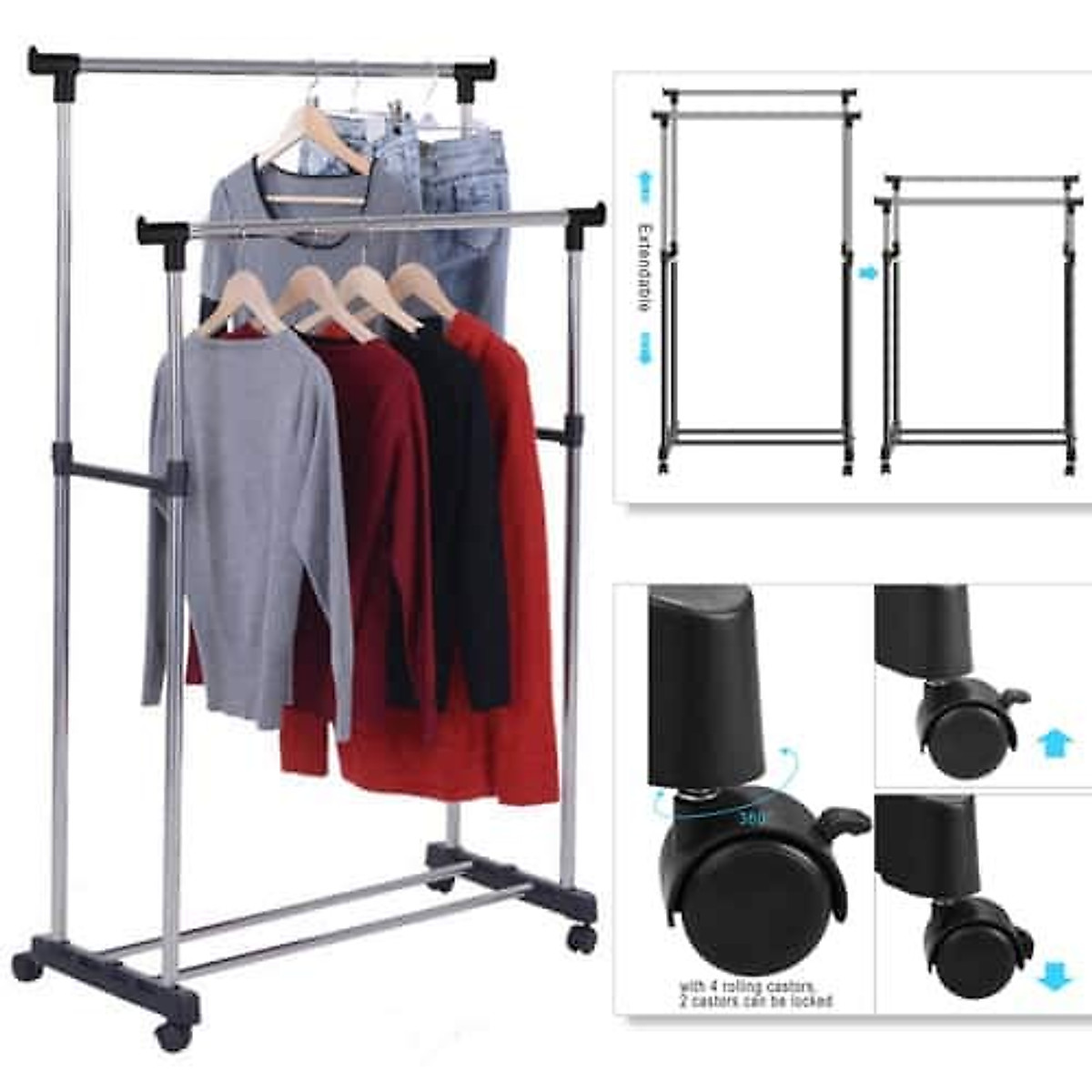 Double Pole Portable Clothing Hanging Garment Rack Laundry Drying Hanger with Wheels (Double Pole) Pole Telescopic Clothes | Fordable Single and Stand for Indoor Outdoor.