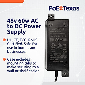 PoE Texas 4 Port PoE Injector - Gigabit Passive Power Over Ethernet and PoE Texas 48v Power Supply - 48 Volt 60 Watt AC to DC Power Supply