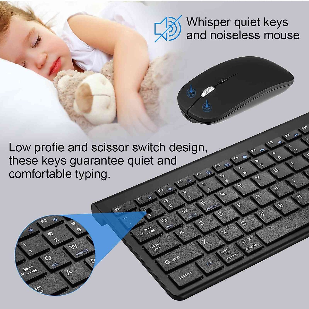 UrbanX Plug and Play Compact Rechargeable Wireless Bluetooth Full Size Keyboard and Mouse Combo for Microsoft Surface Duo 2 supports Windows, macOS, iPadOS, Android, PC, Mac, Laptop, Tablet -Black