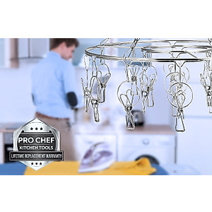 Pro Chef Kitchen Tools Clothes Drying Rack - Round Clothing Racks - Laundry Portable Clothesline Includes 18 Metal Clothespins Hanger Clips Set - Baby Clothes Storage Closet - Herb Hanging Air Dryer