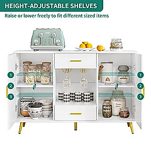 YITAHOME Sideboard Buffet, Buffet Cabinet Storage Credenza w/Adjustable Shelf, Wine Glass Holder, Drawers, Modern White & Gold Dresser 300 lbs Capacity for Living Room, Kitchen, Dining Room, White