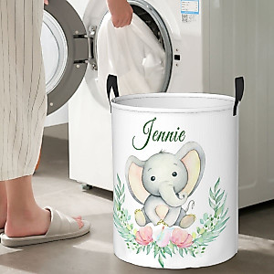 Puurbol Custom Cute Baby Elephant Laundry Hamper with Name Personalized Storage Bin Laundry Baskets For Bathroom