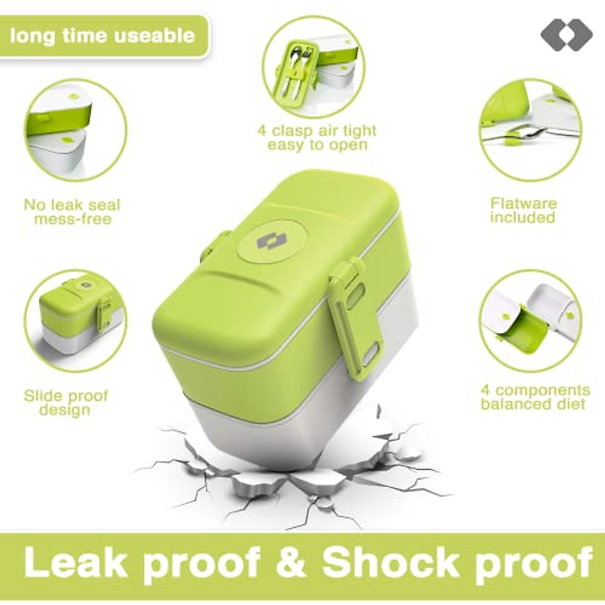 SARZ Bento Lunch Box for Kids - with 2 Containers and 4 Compartments, Modern Stackable Cute Bento Lunch Box with Cutlery Set, Two Adjustable Dividers, Microwave and Dishwasher Safe (Green)