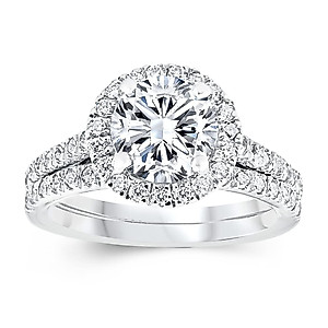 1-1/2 Carat (ctw) Halo Bridal Sets Engagement Ring Set for Women Classic Round Moissanite Wedding Ring Set Platinum Plated Silver 10K 14K 18K Gold White Gold Free Engraving (10K Gold)