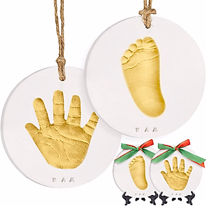 Baby Hand and Footprint Kit -Personalized Baby First Christmas Ornament,Baby Footprint Kit for Toddlers,Baby Keepsake Handprint Ornament Making Kit, Baby Shower Gifts for Newborns(Gold Paint, Cherish)