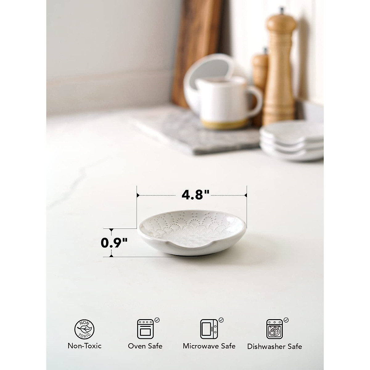 LE TAUCI Ceramic Spoon Rest for Counter, Embossment Farmhouse Gift, Coffee Spoon Holder, Stove Top Protection, Kitchen Decor, Accessories for Countertop - 4.8 inch, Set of 1,White, Fireworks