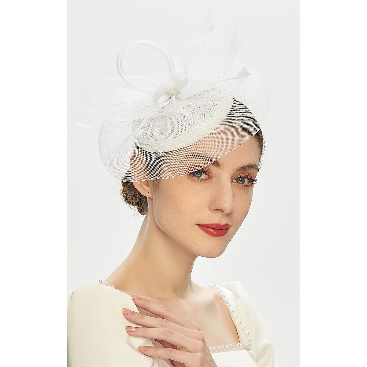 Cizoe Tea Party Fascinator Kentucky Derby Hat Fascinator Pillbox Hat Headband for Cocktail(A-white