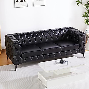 Chesterfield Sofa, Modern Faux Leather Button Tufted Accent Couch with Square Arms and Metal Legs for Living Room, Bedroom, Office, Apartment (Black)