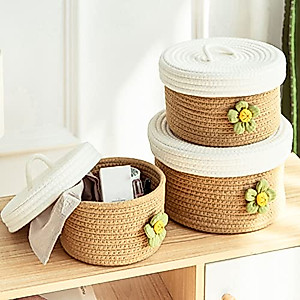 Zerodeko Cotton Rope Basket with Lid Small Woven Storage Baskets Decorative Hamper Nursery Covered Storage Bin Desktop Organizer Small Woven Basket