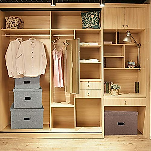 Valease Large Linen Collapsible Storage Bins with Removable Lids and Handles, Washable Storage Box Containers Baskets Cube with Cover for Bedroom,Closet,Office,Living Room,Nursery (Grey, Large)