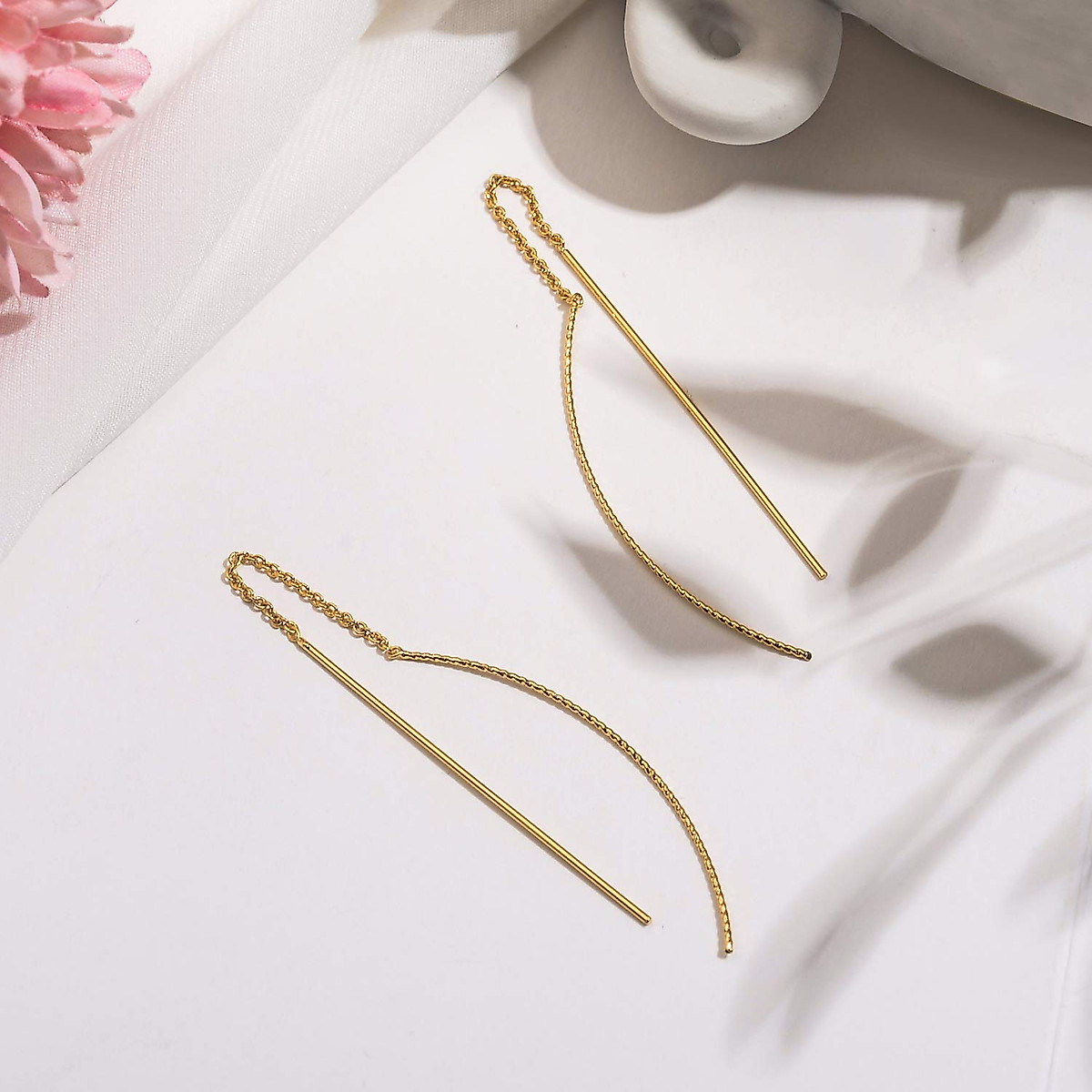 NOKMIT Threader Earrings for Women 14K Gold Tone Long Lightweight Dangle Drop Earrings Dainty Curved Bar Thin Chain Threads Hypoallergenic Jewelry Gifts