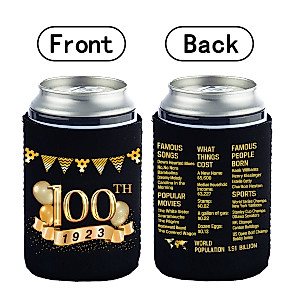 Yangmics 100th Birthday Can Cooler Sleeves Pack of 12-1923 Sign - 100th Anniversary Decorations - Dirty 100th Birthday Party Supplies - Black and Gold Seventieth Birthday Cup Coolers