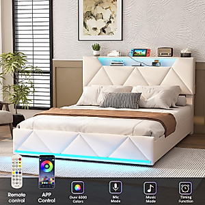 Vabches Queen Bed Frame with Storage Headboard and 4 Drawers,Upholstered Platform with Charging Station and Led Lights,Adjustable Headboard,No Box Spring Needed,Beige