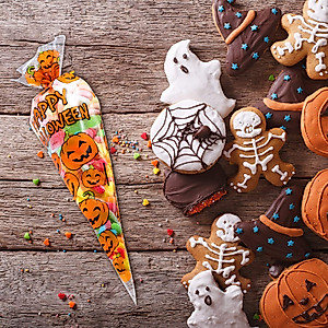 Tatuo 100 Pcs Halloween Candy Bags Pumpkin Patterned Cone Treat Bags Triangle Cellophane Pouch with 100 Pieces Gold Twist Ties for Popcorn Goodie Cookie Halloween Party Favor