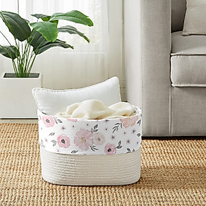 Sweet Jojo Designs Blush Pink Grey Boho Floral Girl Woven Storage Basket Decorative Cotton Rope Lined Bin Baby Nursery Kids Bedroom Toy Closet Shelf Organizer Bohemian Farmhouse Shabby Chic Watercolor
