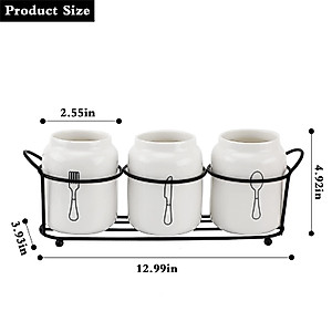 4 Piece Silverware Holder for Organizer Countertop White Ceramic Silverware Caddy with Black Metal Rack, Fork Spoon Utensil Holder Flatware Organizers Cutlery Storage for Kitchen Tabletop Cabinet