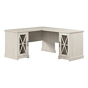 Bush Furniture Lennox Farmhouse L Shaped Desk with Storage Cabinets | Corner Computer Table for Home Office Workspace, 60W, Linen White Oak