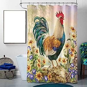 Zmcongz Rooster Bathroom Sets with Shower Curtain and Rugs and Accessories Watercolor Farm Animal Floral Waterproof Fabric Cloth Bath Curtain, Non-Slip Bathroom Rugs Bath Mats, 72x72 Inch