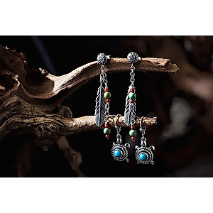 American West Jewelry Sterling Green Turquoise & Red Coral Gemstones Feather Dangle Earrings