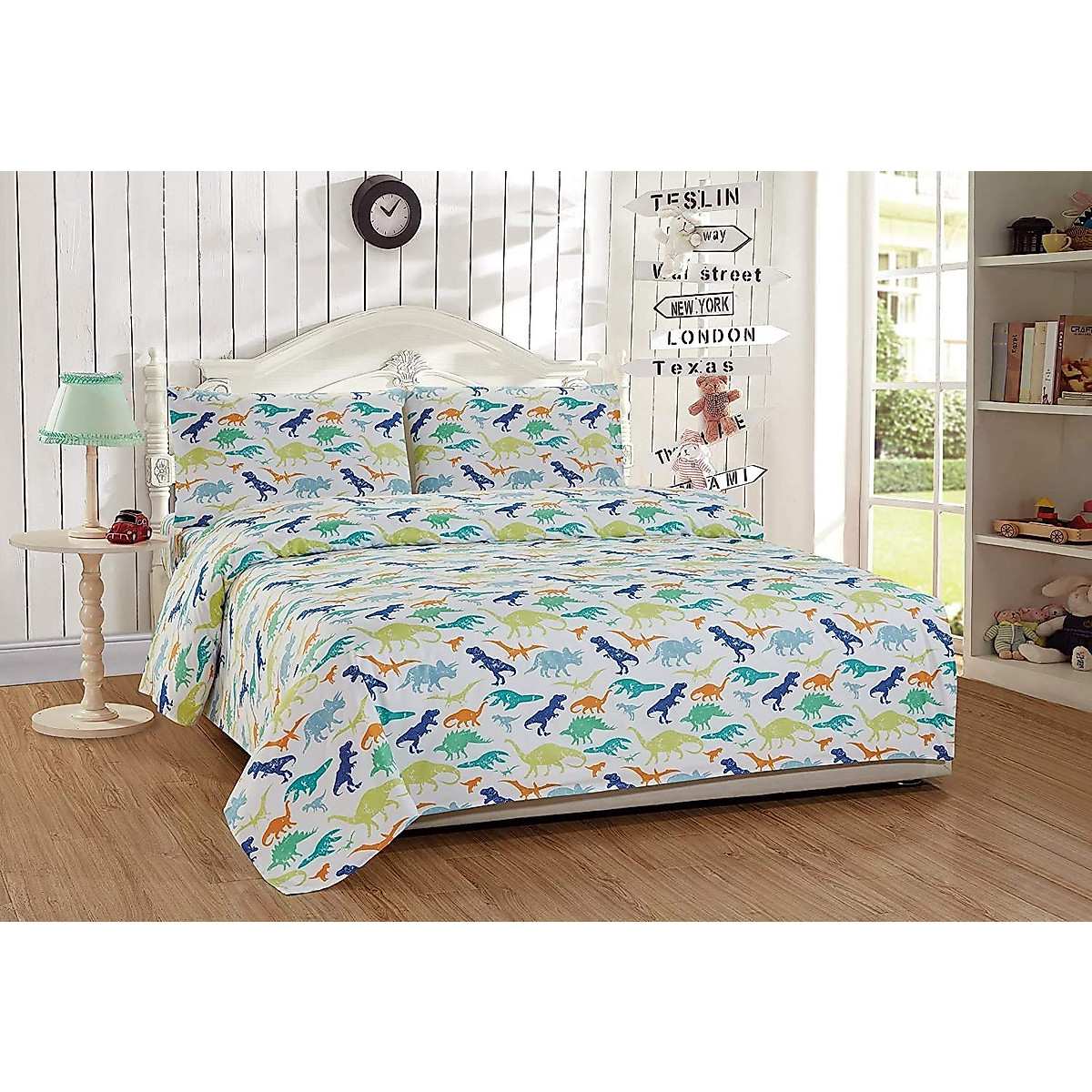 Fancy Linen Sheet Set for Boys/Girls/Teens Kids Dinosaur Dino World Vintage Green White Orange Blue New (Full)