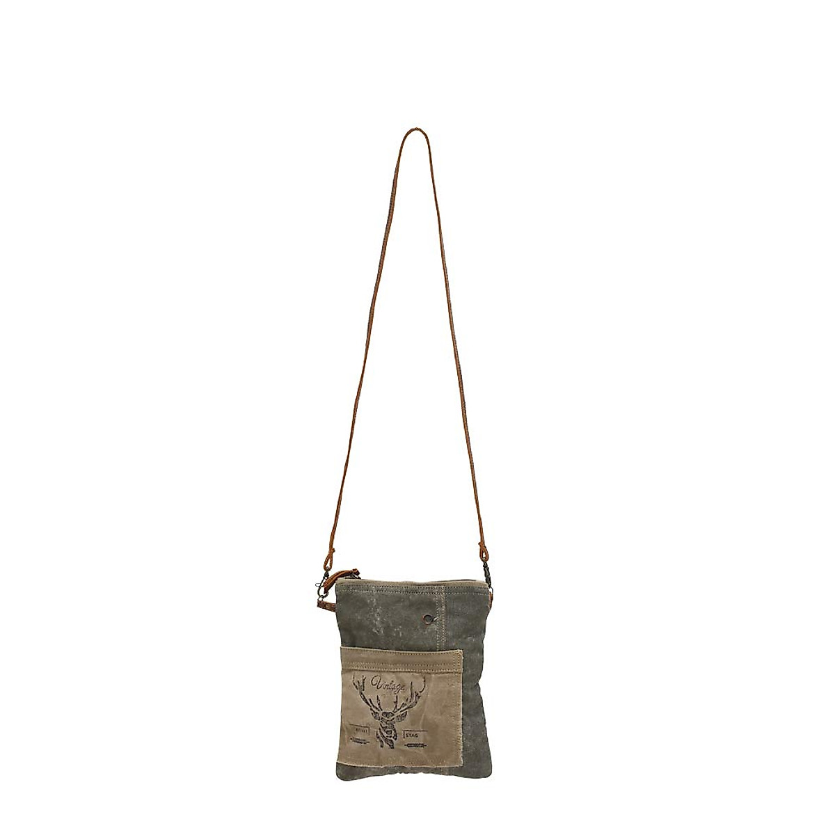 Vintage LeafedCross Body Bag, Two Toned, Stamped Canvas and Leather , Printed lining, pockets for storage, Brown, Small