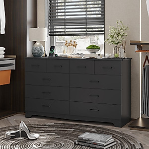 Hasuit 10 Drawers Dresser for Bedroom, Large Chest of Drawers with Charging Station, 55.1'' Wide Storage Clothes Closet Organizer, Long Dresser TV Stand for Living Room, Black