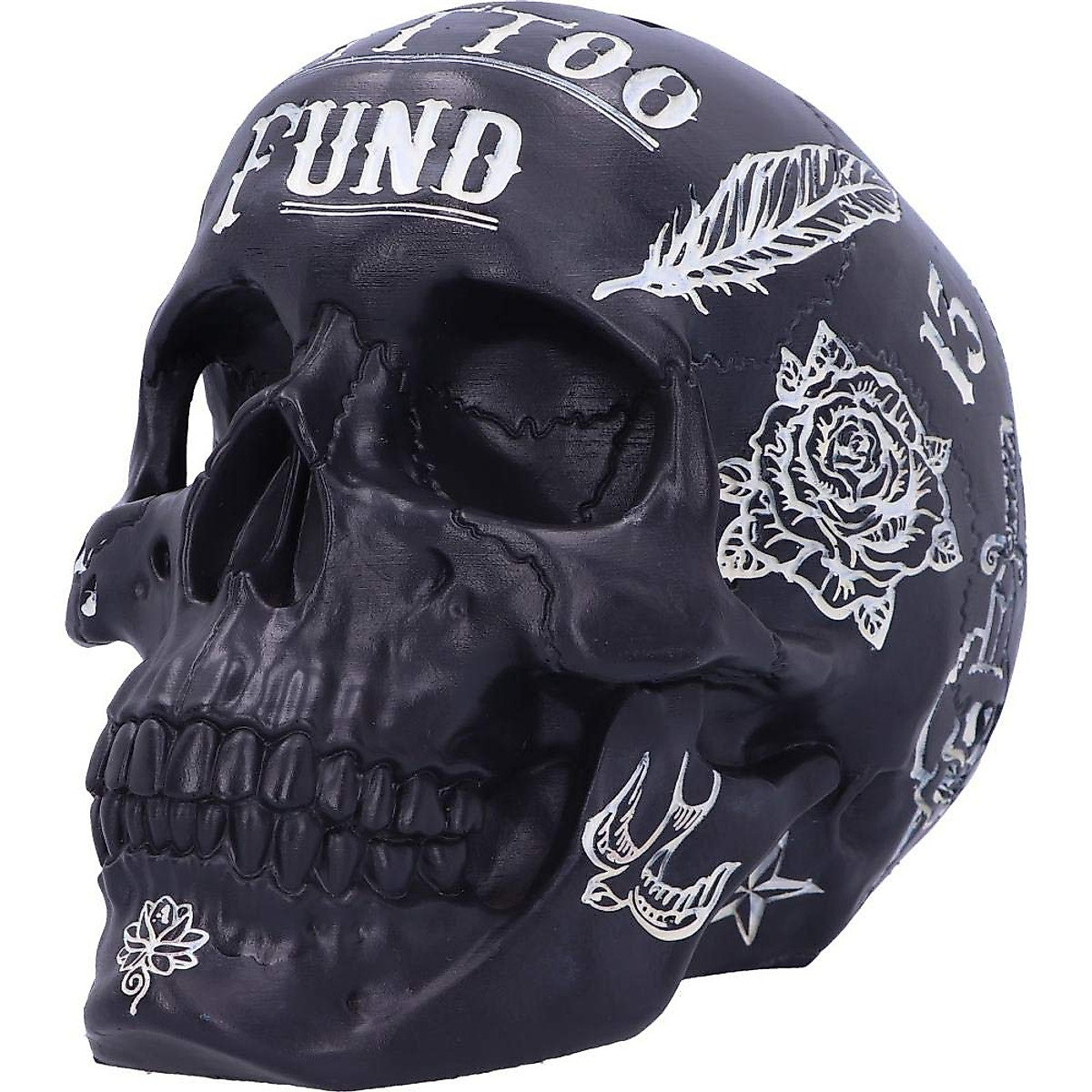 Nemesis Now Gothic Tattoo Fund Skull Money Box, Hand-Painted Resin with Traditional Tribal Illustrative Designs, Unique Savings Bank for Tattoo Enthusiasts