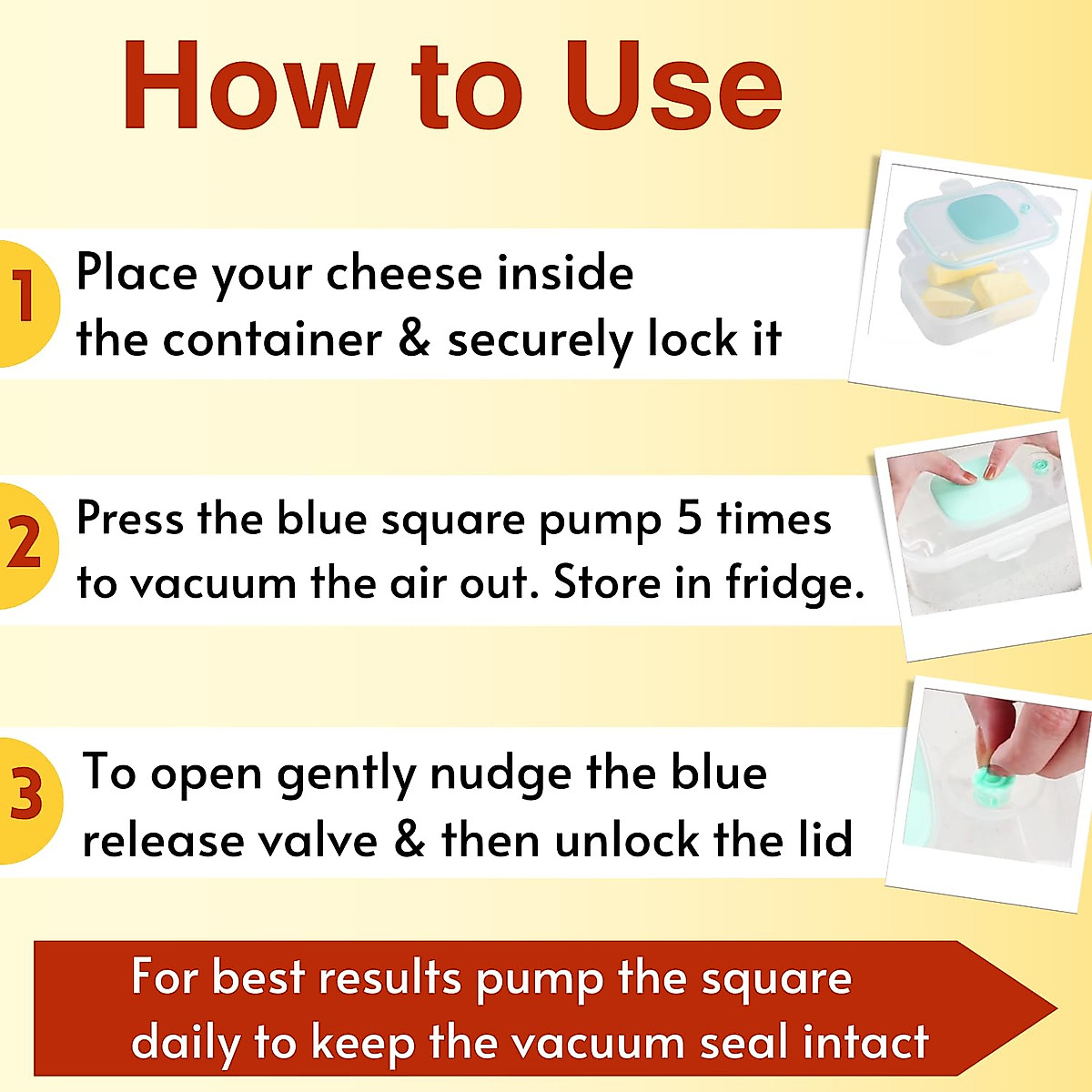 FoodLite Quick Vac Cheese Saver- Only Cheese Container Made to Keep Your Cheese Fresh. A Cream Cheese, Sliced, Grated & Cheddar Cheese Container & Box for Fridge with an Airtight Lid., Clear
