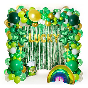 St.Patricks Day Party Decorations Garland, Ireland Party Decorations Lucky Rainbow Shamrocks Mylar Balloons 18" 10" 5" Latex Balloons Green Gold White for Birthday Baby Shower Bachelorette Supplies