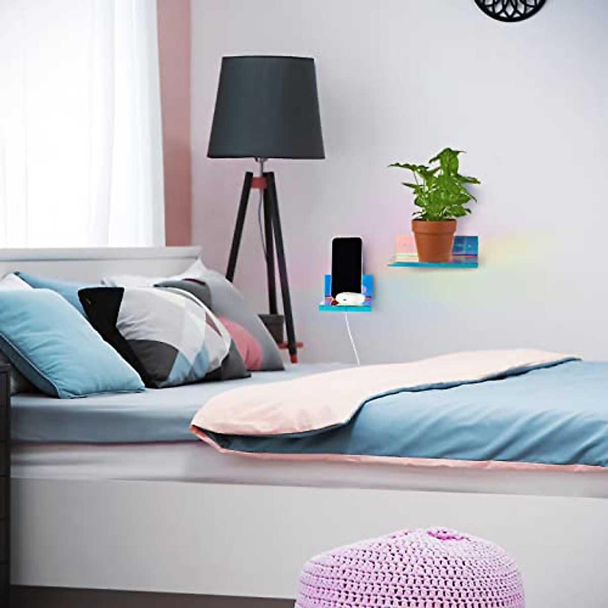 BRBR Store Floating Multi-Use Acrylic Wall Shelf Set | Pack of 2 Iridescent Mounted Shelves with Ledge and Hole for Photo Display, Phone Charging, More, One 4 In x 3 9