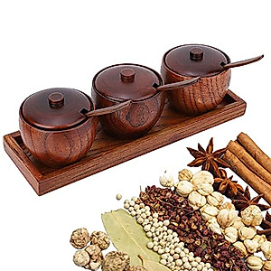 Luvitory Wooden Seasoning Spice Jar, Condiment Container Pots, Salt Box with Wooden Lid and Spoon 3 Pack Bowl with Tray, Food Storage for Home, Kitchen, Counter